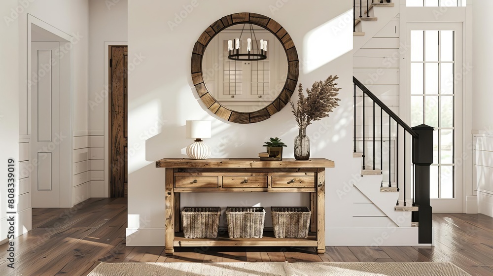 Entryway with modern farmhouse style neutral palette, rustic wood ...
