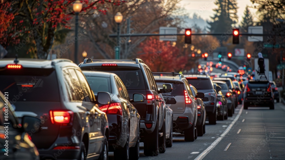 City traffic captured with a flare of golden hour sun highlighting the ...