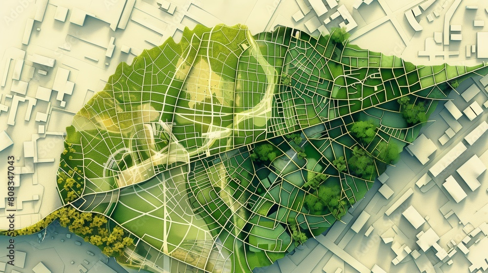 An abstract city map designed as a leaf, with veins representing major ...