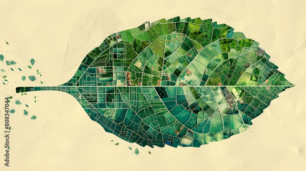 An abstract city map designed as a leaf, with veins representing major ...