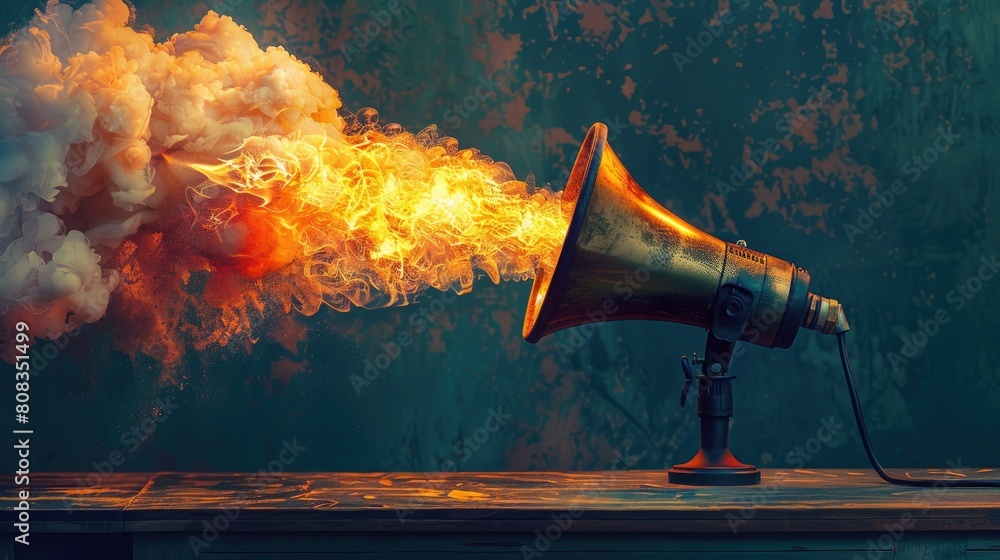 stillife of fire ball blasting out of megaphone, stilllife , megphone ...