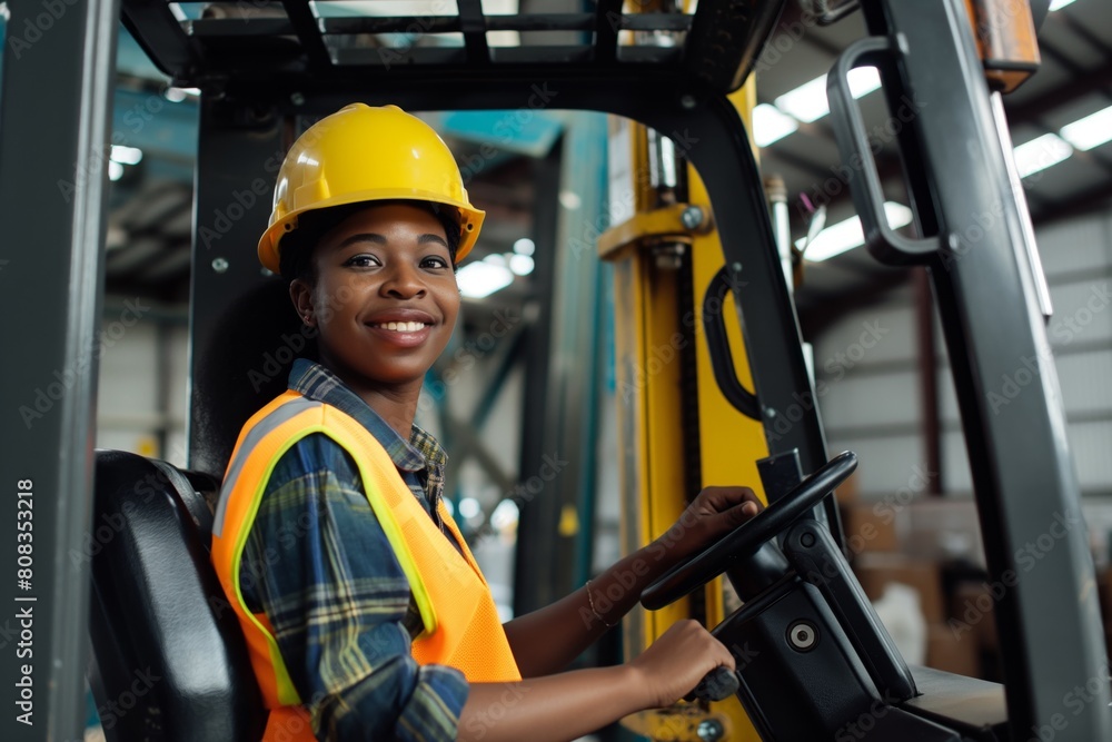 Confident, young female forklift operator wearing a safety helmet and ...