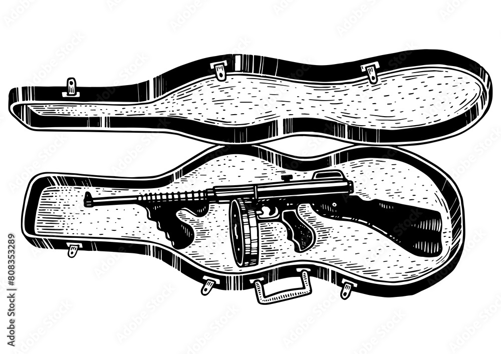 Thompson submachine gun in violin case sketch engraving PNG ...