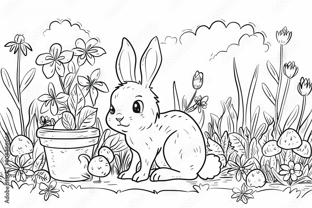 cute rabbit in garden setting on coloring page for children line art ...
