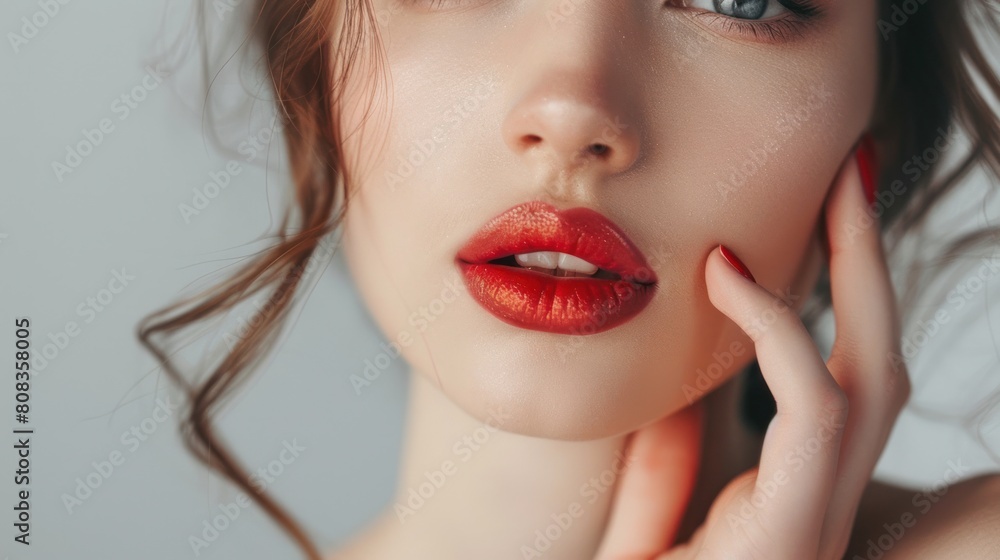 attractive girl rubbing her lips in close-up. She has red lipstick in ...