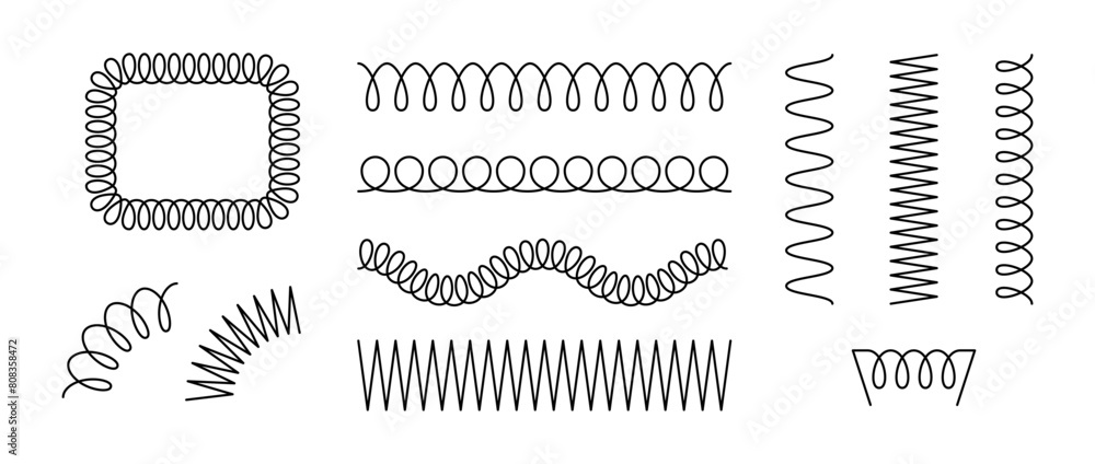 Set of spiral springs. Black metal wire coil collection. Thin spiral ...