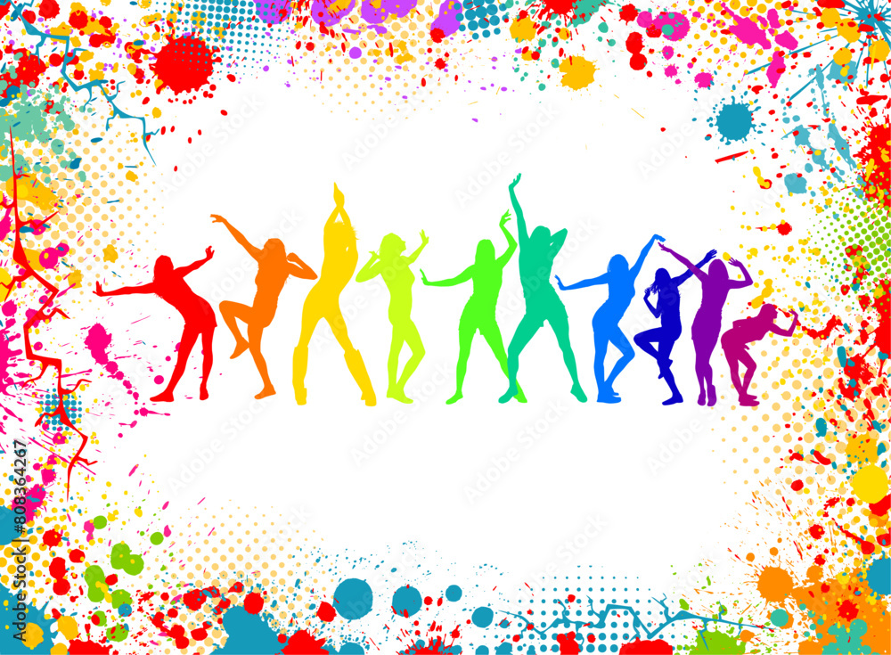 Abstract blots with silhouettes of dancing girls. disco. hand drawing ...