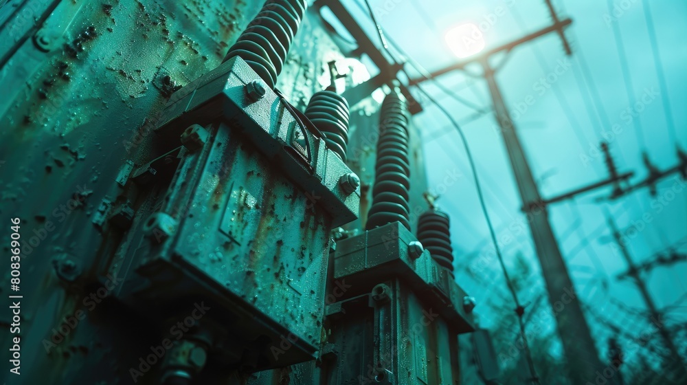 A power line with a green background. The power line is covered in rust ...