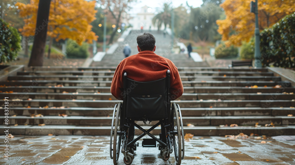 rear view of frustrated and angry man in wheelchair in front of stairs ...