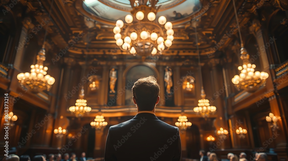 Person practicing public speaking in a grand hall, baroque architecture ...