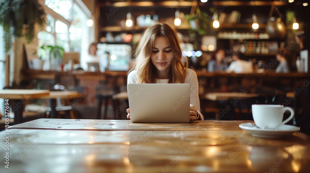 Young entrepreneur at a trendy cafe working on a laptop, coffee cup in ...