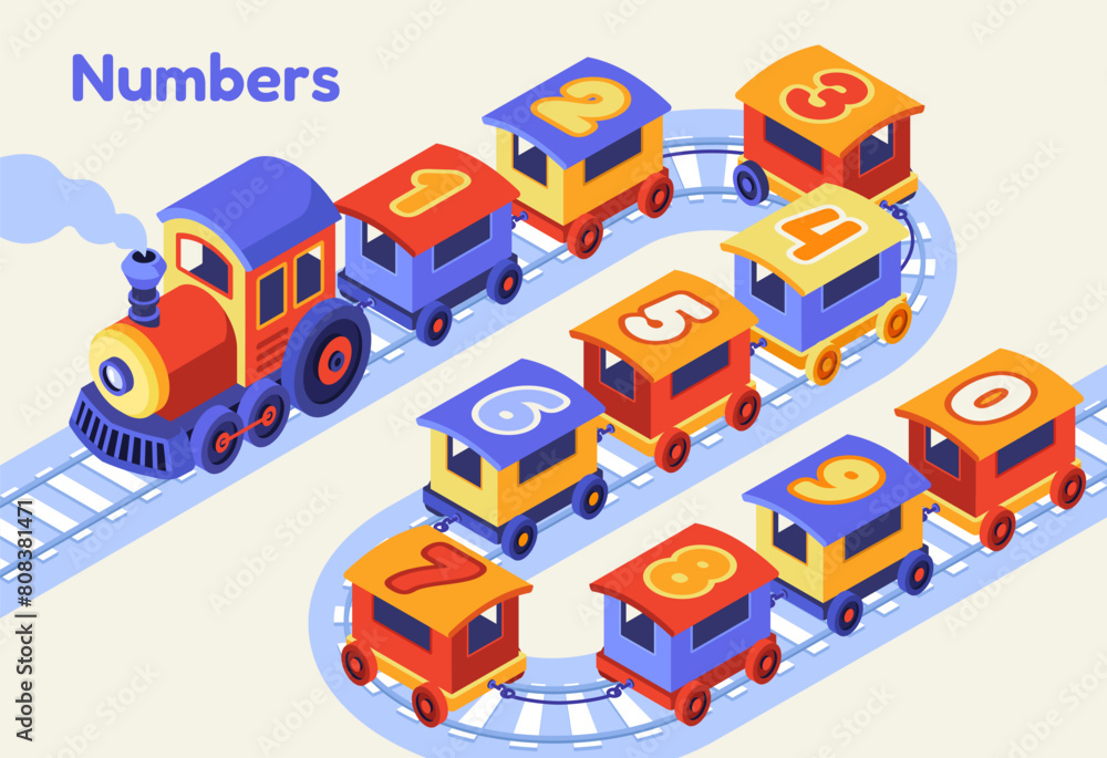 Colorful isometric cartoon toy train with numbers on carriages, against ...