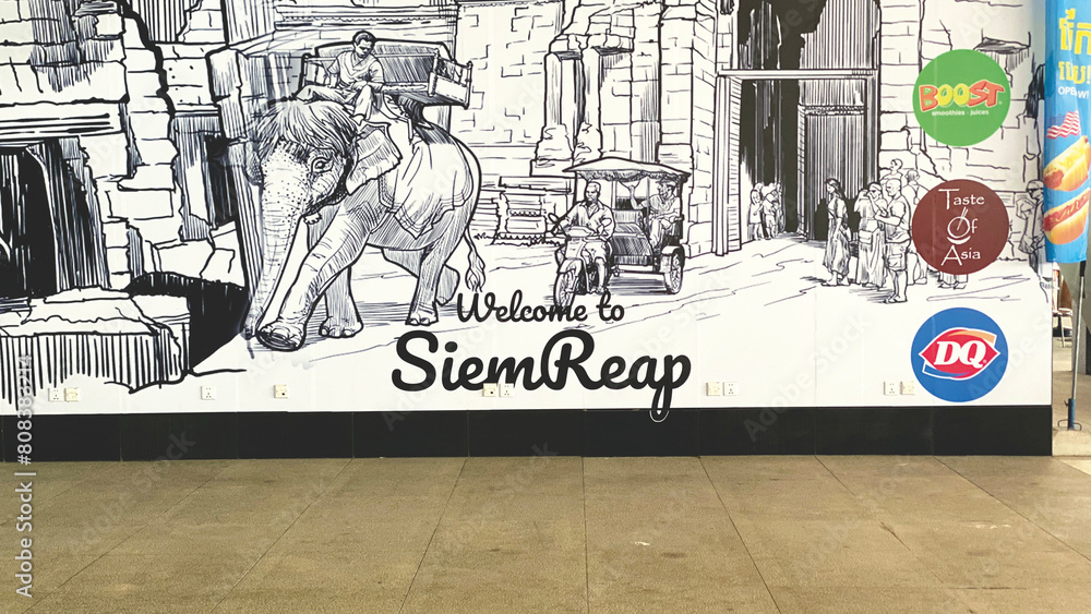 'Welcome to Siem Reap ' drawing at Siem Reap Airport, Cambodia Stock ...