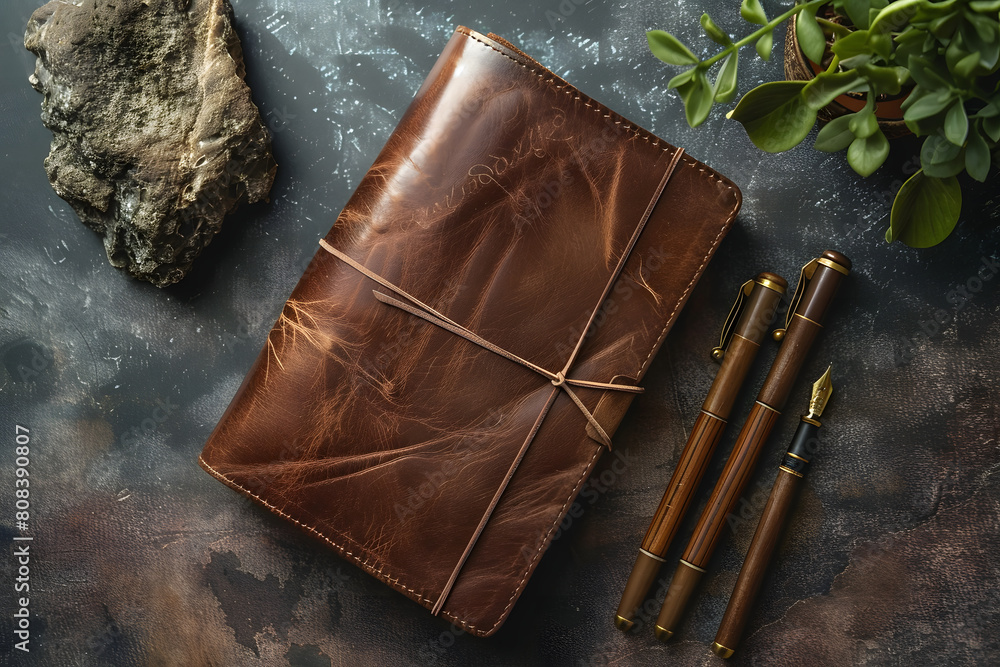 An elegant mockup featuring a blank leather journal and calligraphy ...