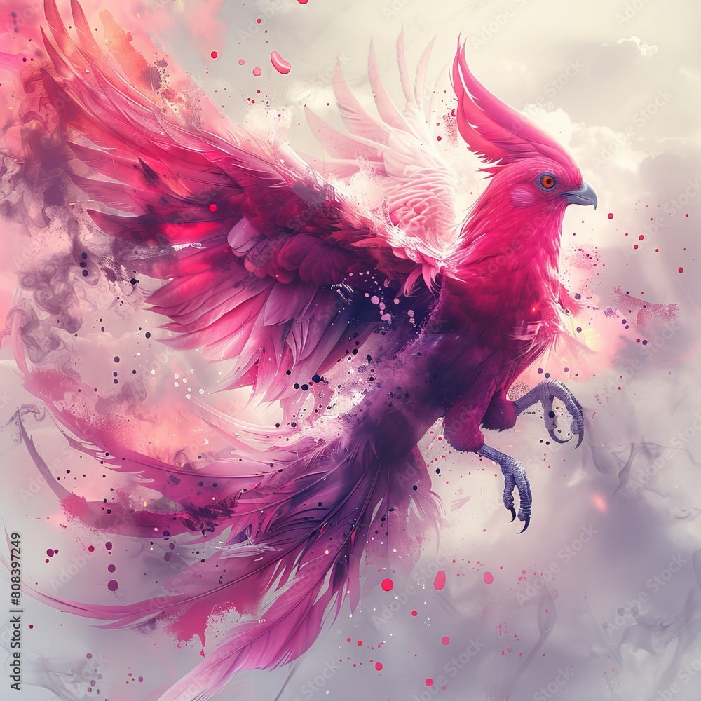 Surreal digital artwork capturing a striking pink eagle in flight, set ...