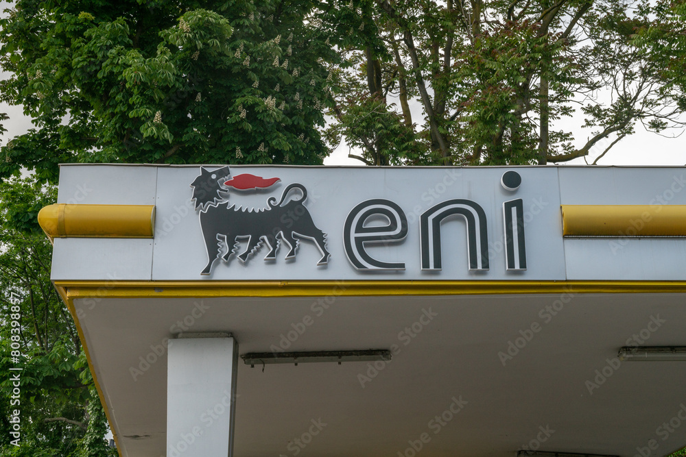Eni petrol station, symbol of the six legged dog. logo of the energy ...