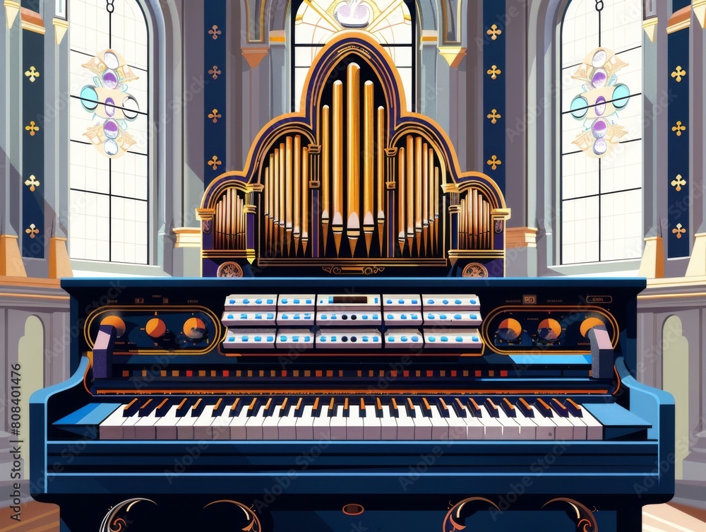 Vector illustration of an electric organ in a church setting with ...
