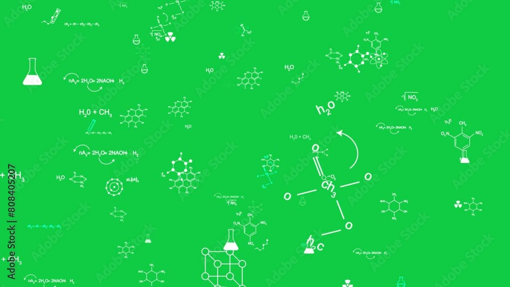 green screen chemistry formulas and icons, chemical structural formulas ...