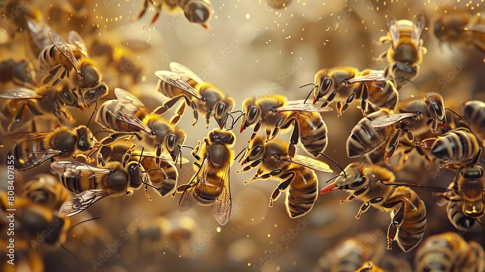Teamwork depicted by bees linking two swarm parts, symbolizing ...