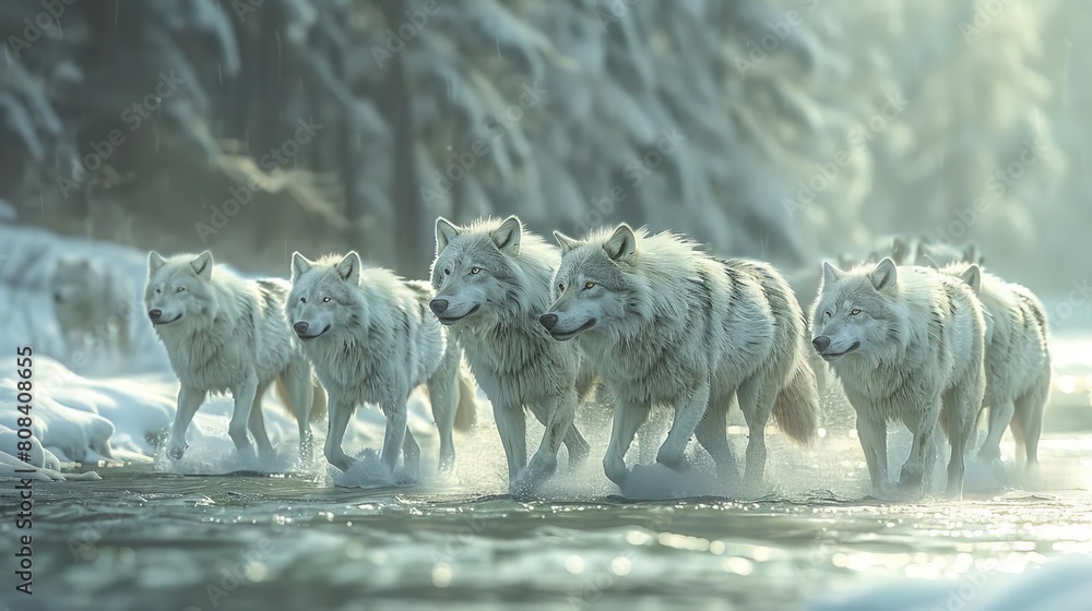 Design a group of sleek arctic wolves traversing a frozen river, their ...