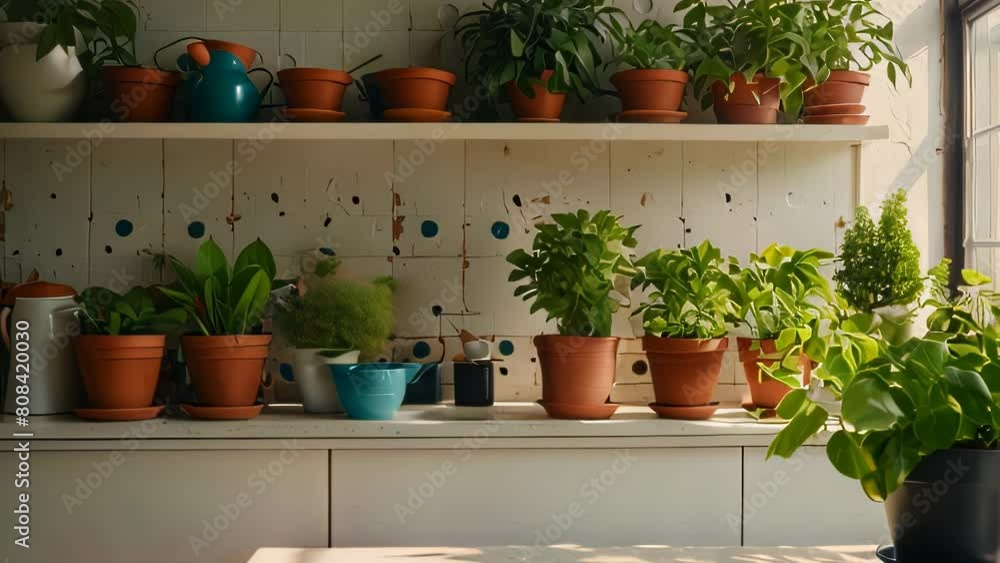 Video animation of collection of potted plants arranged on white ...