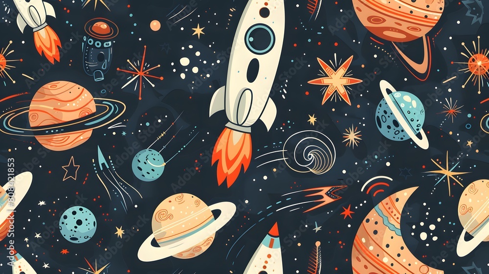pattern featuring spaceships, smiling planets, and curious aliens with ...