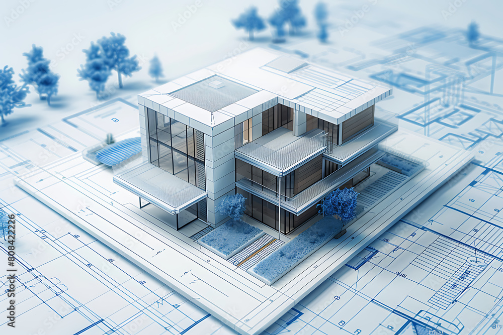 Here is the image of a detailed 3D blueprint of a residential house ...