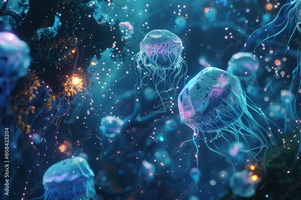 Luminous creatures flitting through a bioluminescent forest canopy ...