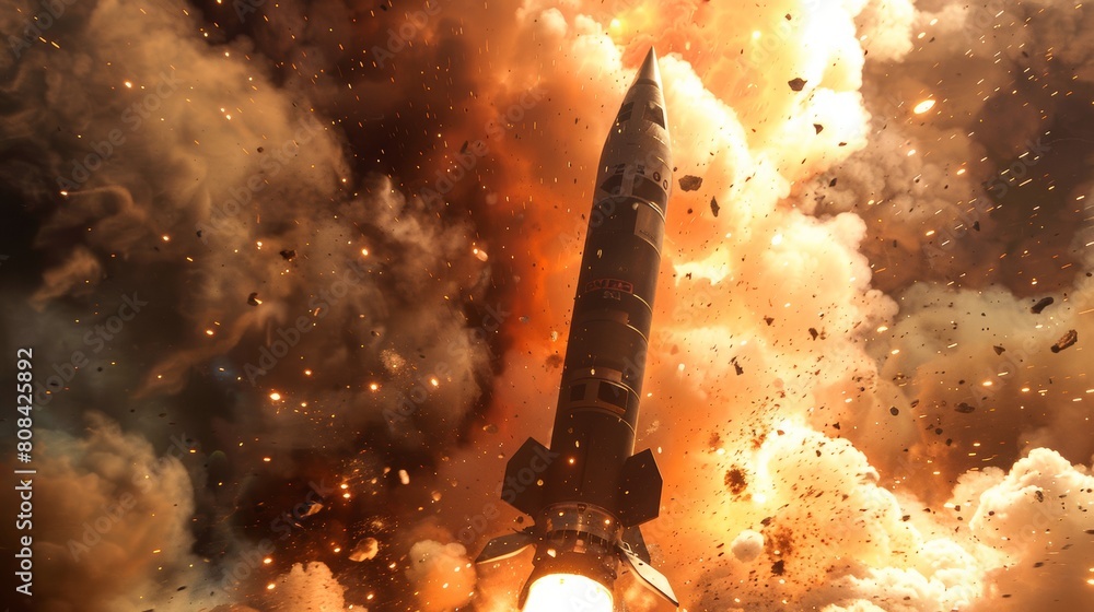 A dramatic close-up of a chariot-style rocket launch vehicle during the ...