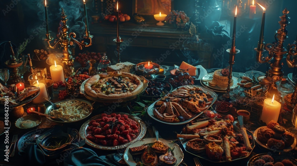 Artistic still life of a lavish banquet, satanic-themed food spread ...