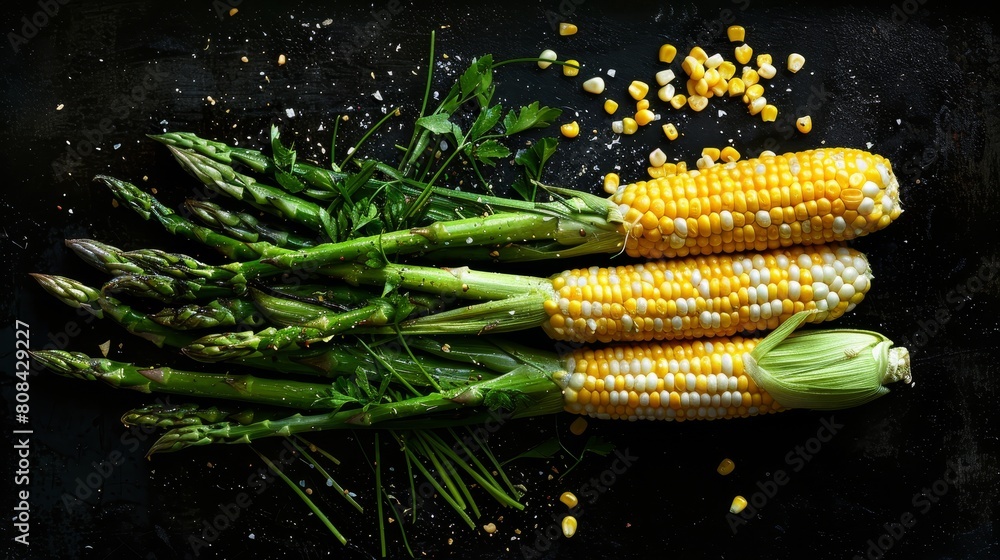 Artful arrangement of steamed vegetables, including asparagus and sweet ...