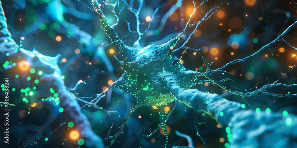 Neuron cells with glowing link knots Blue green Neurons in brain Stock Illustration | Adobe Stock