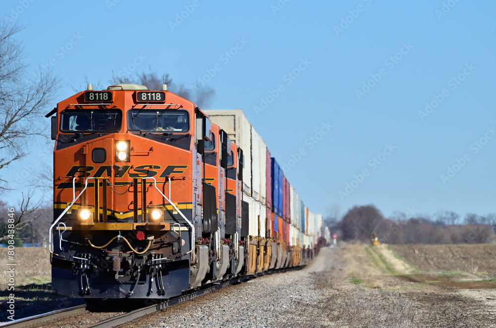 Four Burlington Northern Santa Fe locomotives lead a hotshot intermodal ...