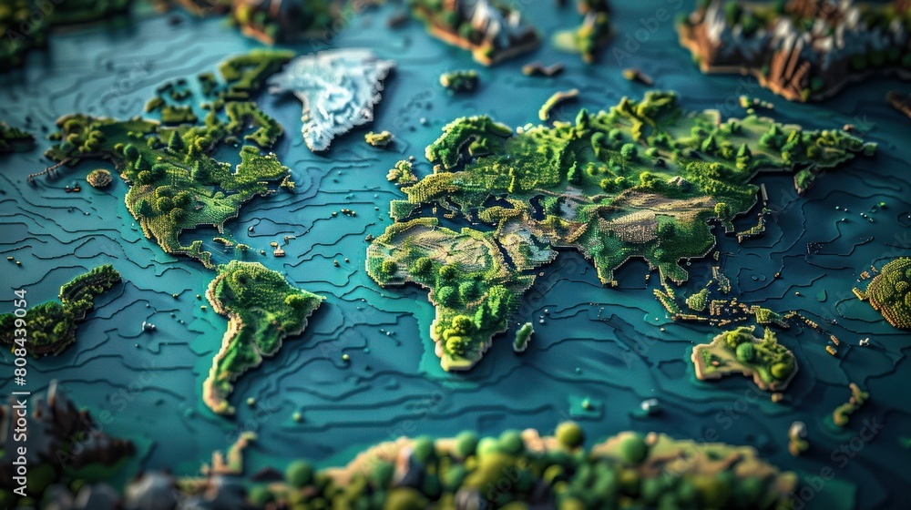 An awe-inspiring 3D world map with a pixel art style, reminiscent of ...