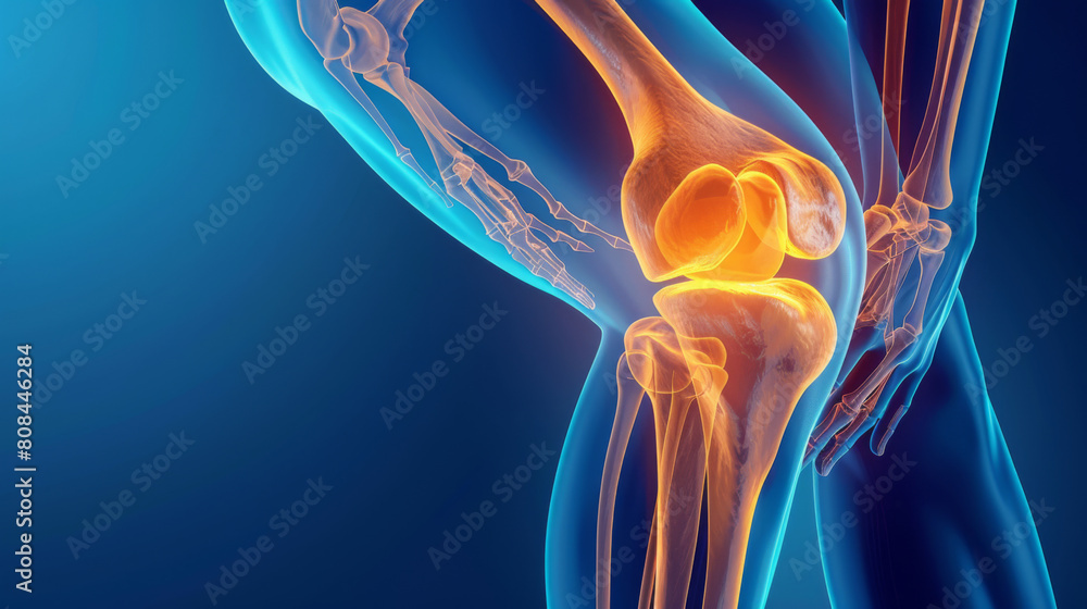 Detailed X-ray style visualization showing human knee anatomy with ...