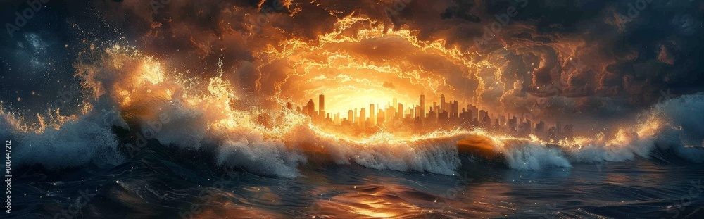 Tsunami waves approach city skylines. Disaster concept. Tsunami ...