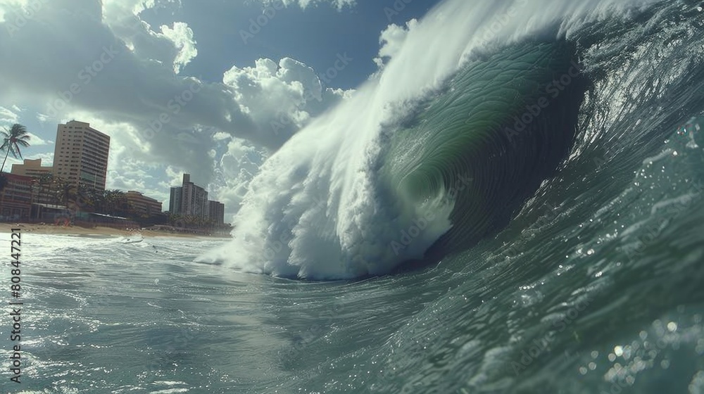 Tsunami waves approach city skylines. Disaster concept. Tsunami ...