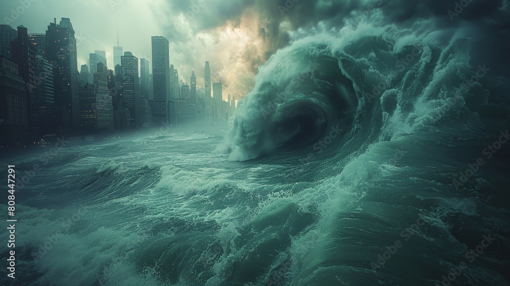 Tsunami waves approach city skylines. Disaster concept. Tsunami ...