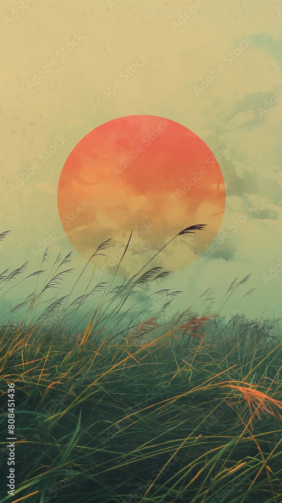 Abstract composition in front of sunrise over grass. The sun on a field ...