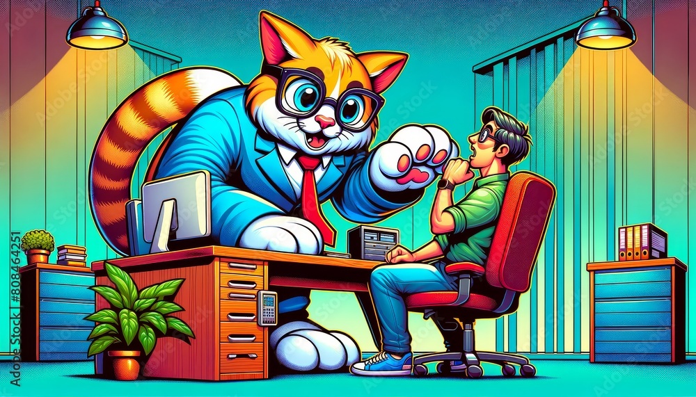 Giant Cartoon Cat Boss Scolding a Small Employee in an Office, a Fun ...