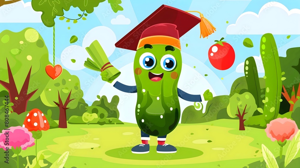 Graduation pickle character cartoon style, dill pickle, meadow ...