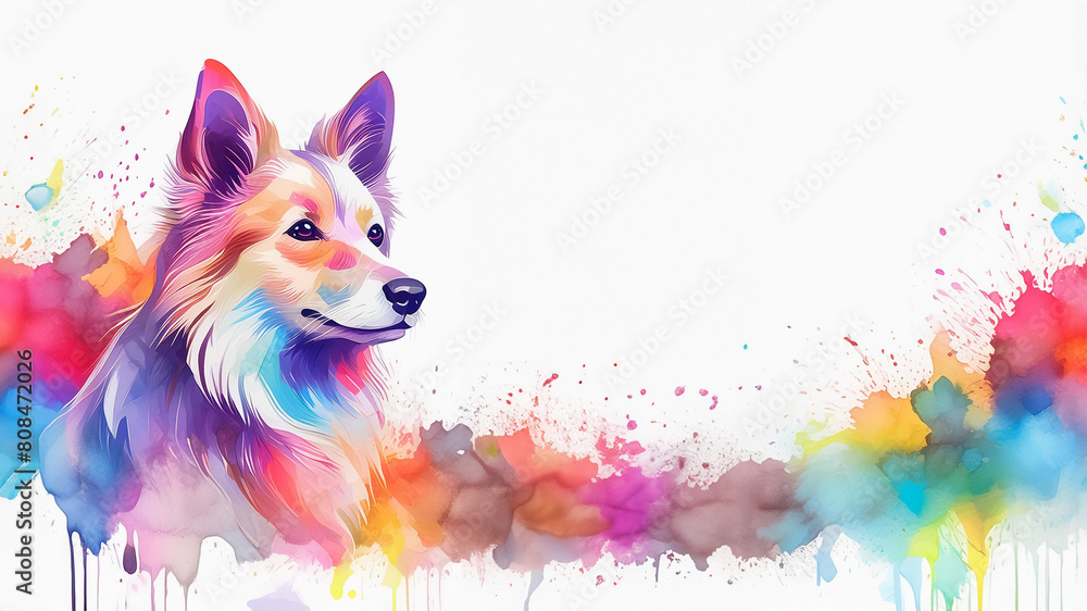 Rainbow watercolor border with dog and white space for text background ...