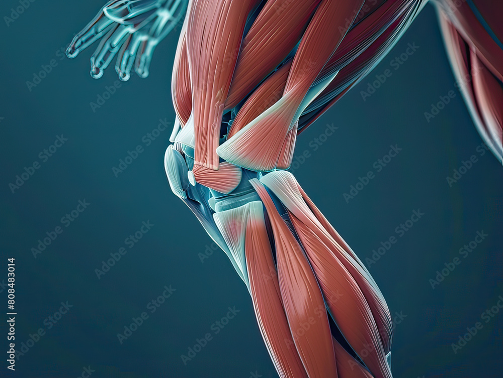 Artistic illustration of knee joint showing detailed muscles, ligaments ...