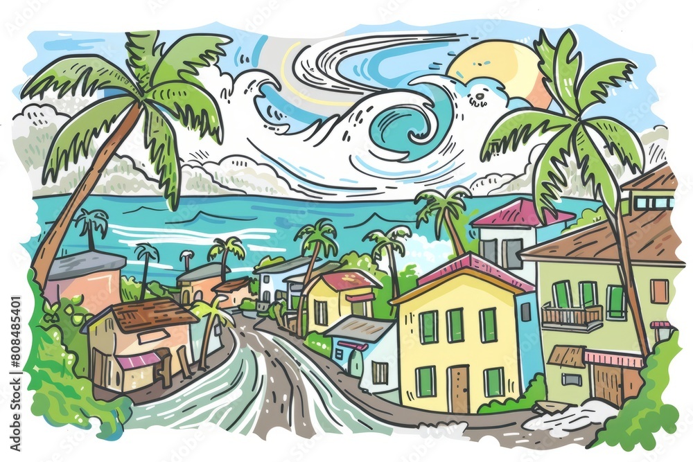 Cartoon cute doodles of a peaceful coastal town, suddenly threatened by ...