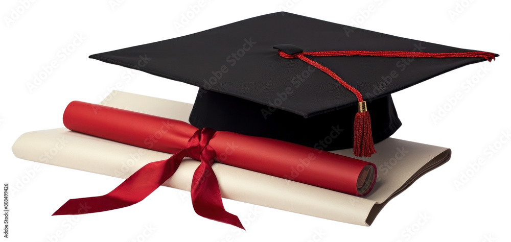 PNG Graduation Cap with Certificate wrapped with red ribbon graduation ...