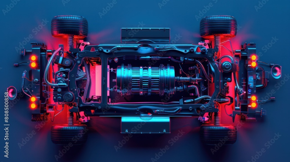 stylized illustration of an electric vehicle's powertrain system, using ...