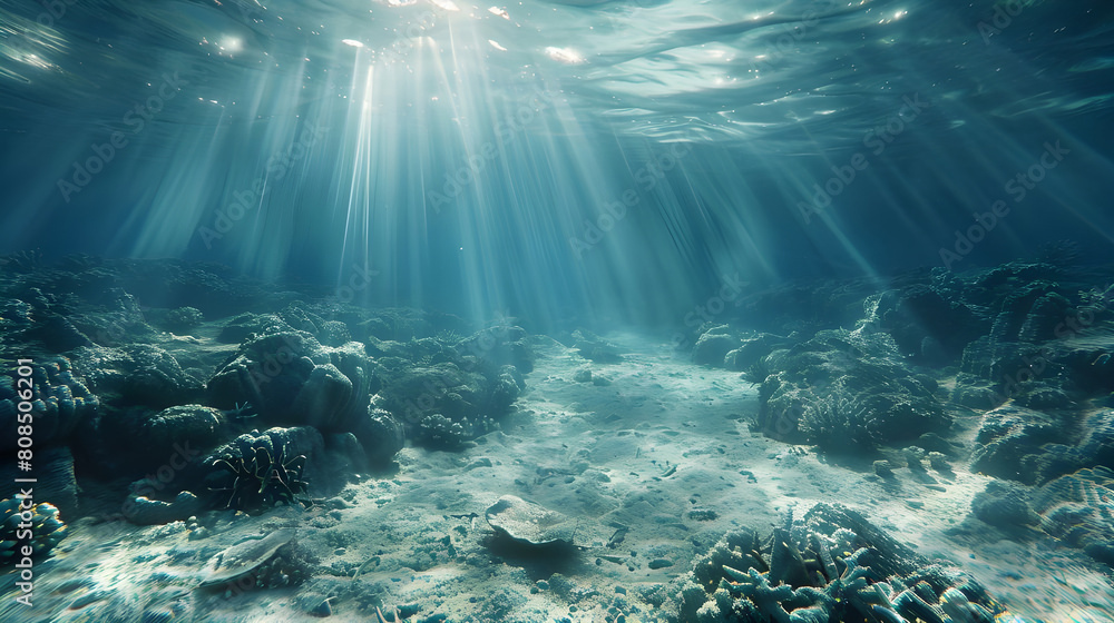 Blue tropical ocean above, seabed sand below, empty underwater ...