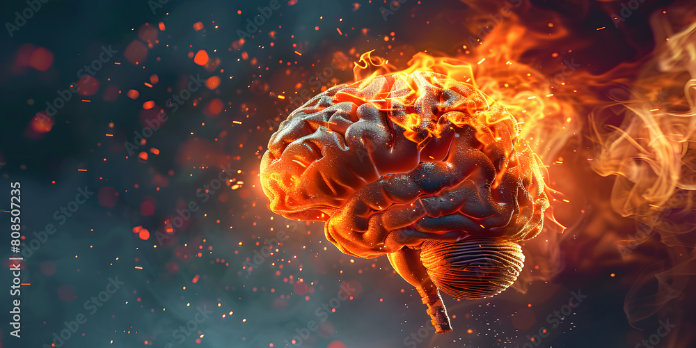 Burning human brain on fire with flames and smoke on dark background ...