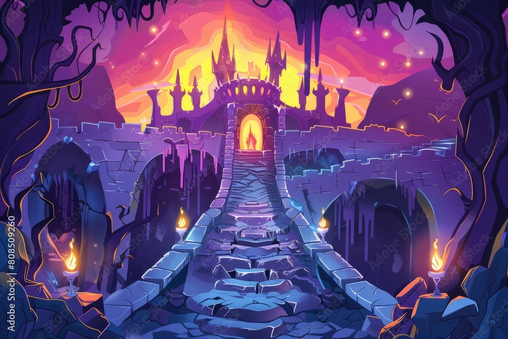 Cartoon cute doodles of a grand palace deep underground, ruled by a ...