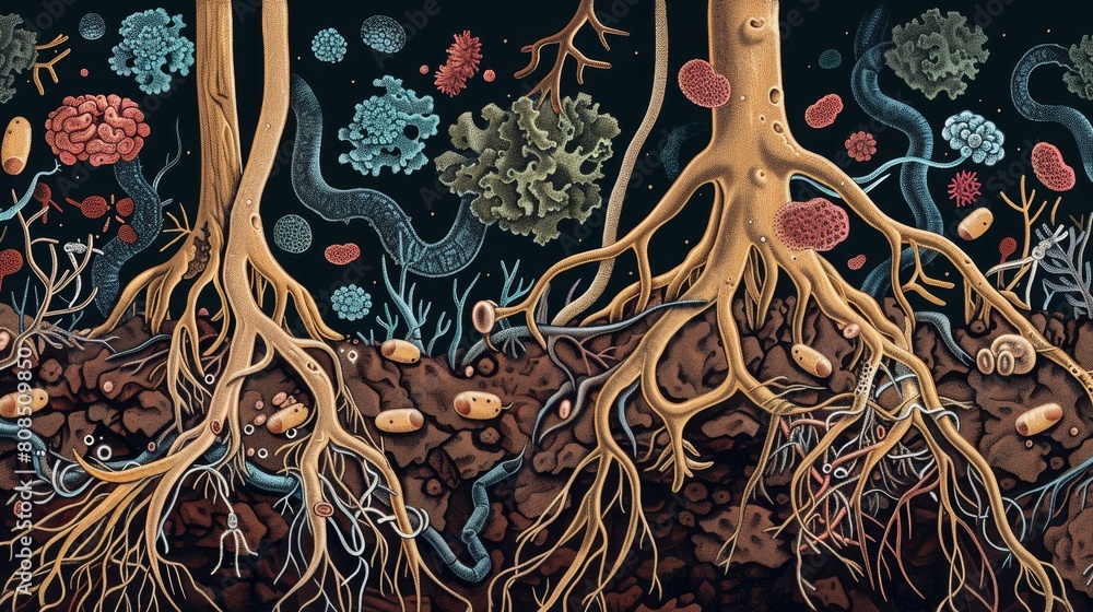 High-resolution illustration of soil microbiome, featuring ...